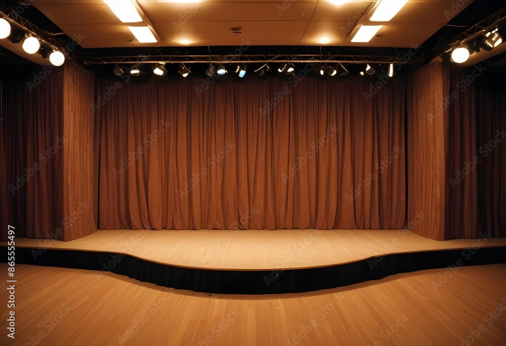 Empty wooden theater stage with a lot of spotlights for exhibition ...