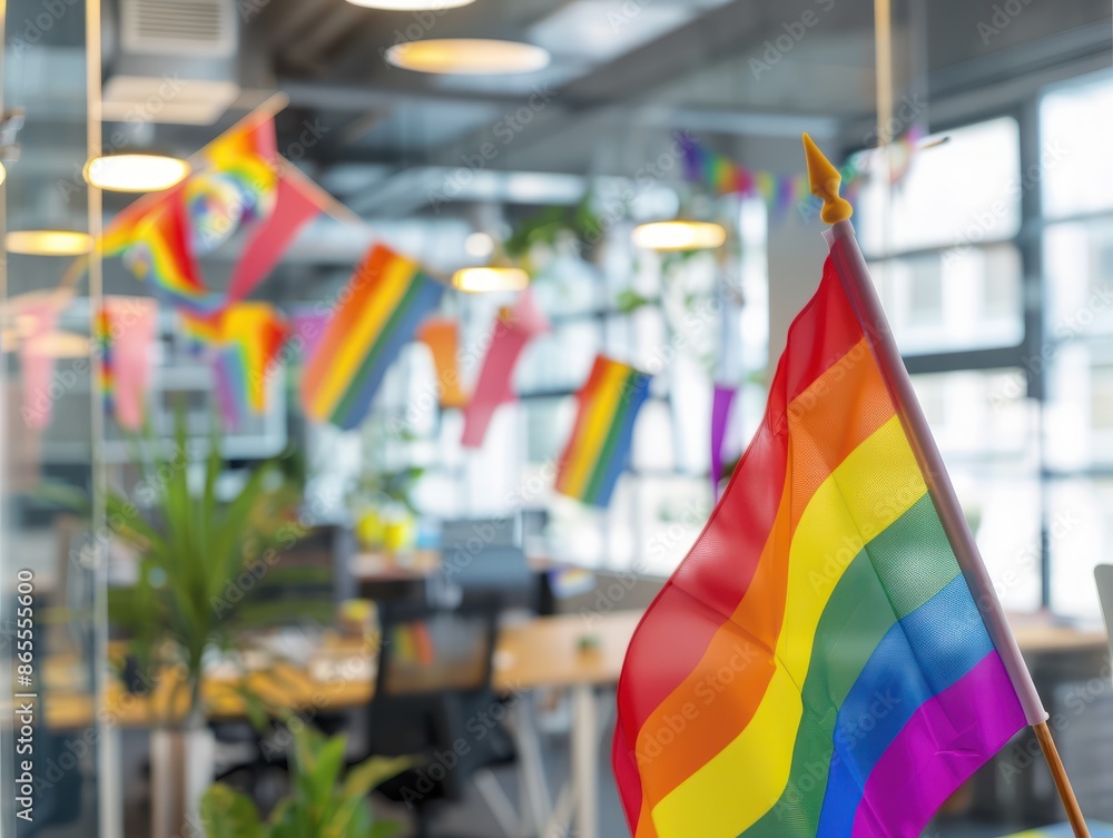 Celebrating pride month in the office. Blurred inclusive workplace with ...