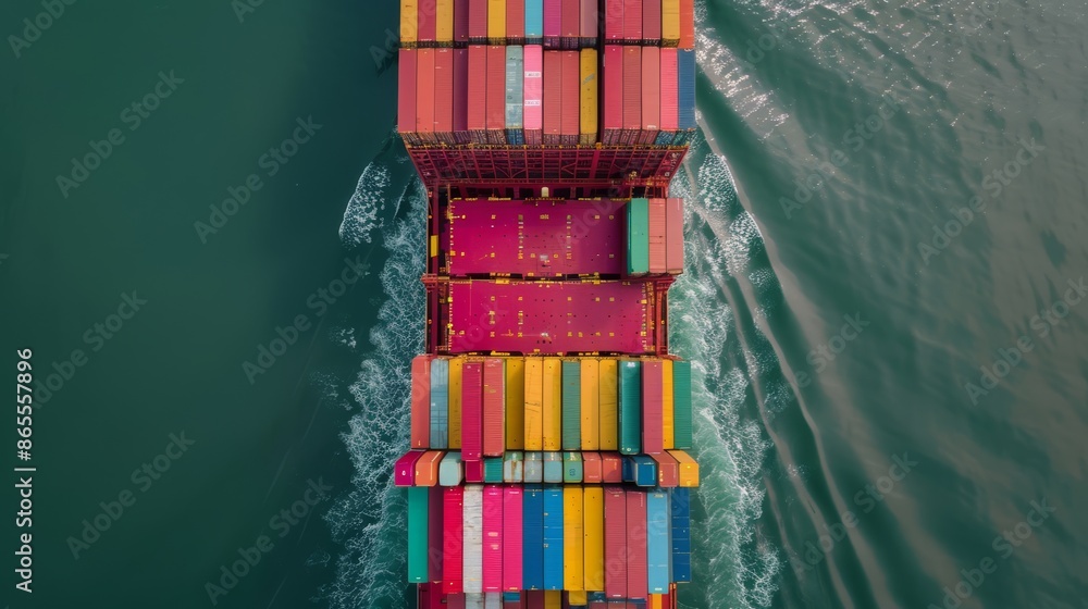 A panoramic close-up of a modern cargo ship departing port, its entire ...