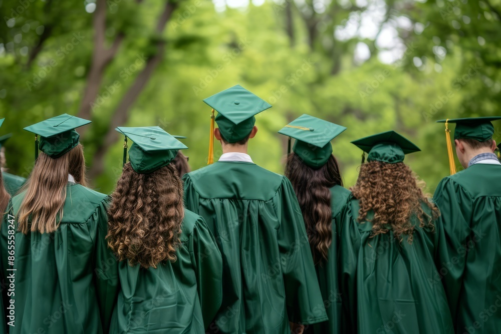 back view of group of students in green graduation gown and cap ...