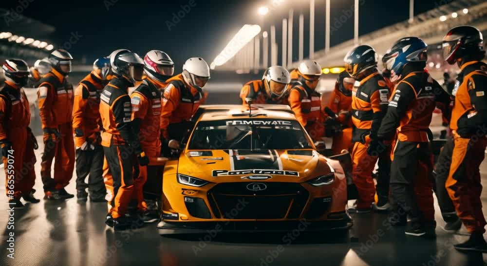 Professional pit crew ready for action as their team's race car arrives ...