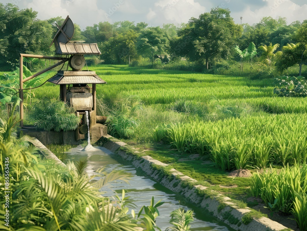 Irrigation of rice fields using ground water pumped through wells ...