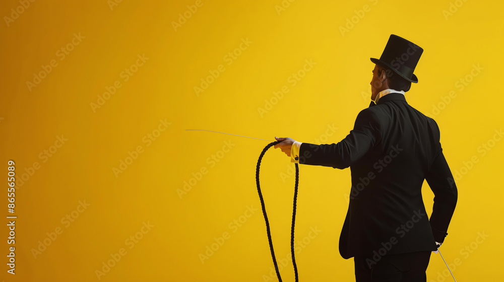 A man in a top hat and tails cracks a whip. He is facing away from the ...