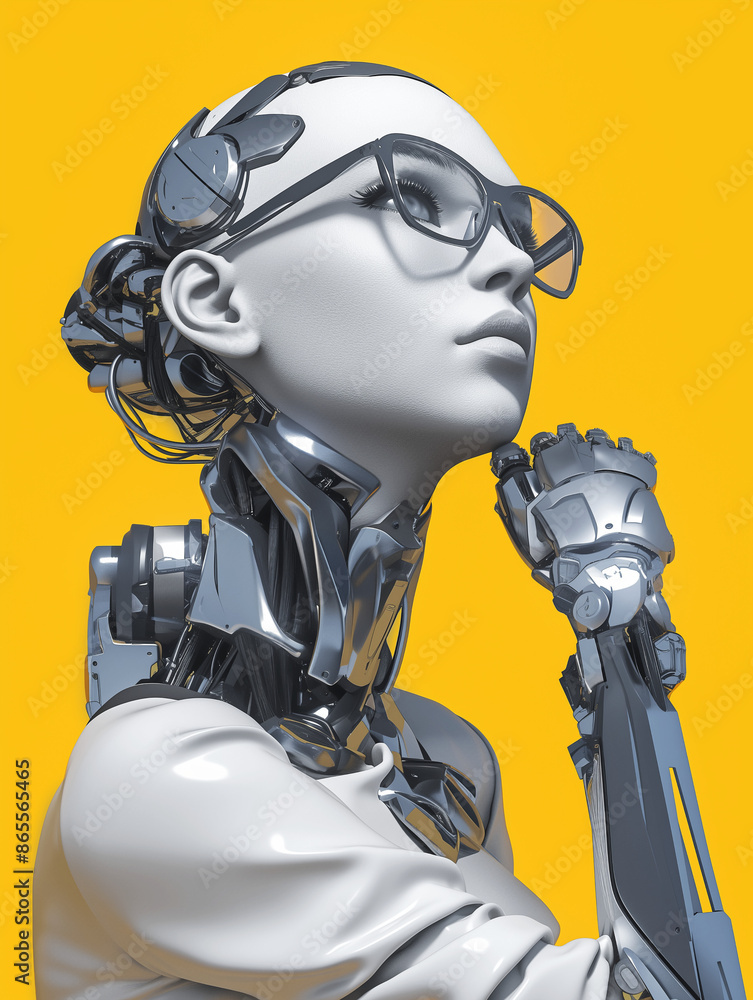 ภาพประกอบสต็อก Futuristic female cyborg thinking. Virtual assistant ...