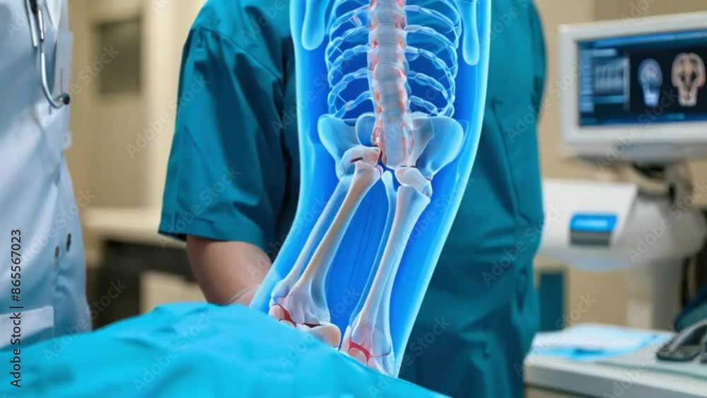 Orthopedic surgeon doctor examining patient's knee joint x-ray films ...