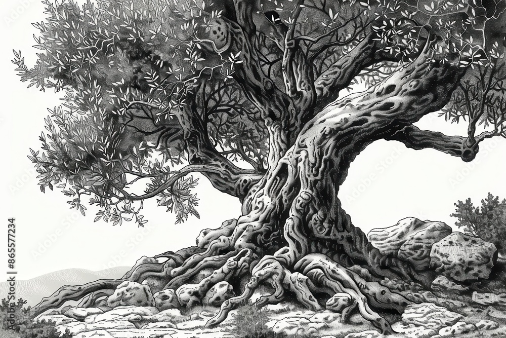 intricate olive tree illustration detailed black and white engraving of ...