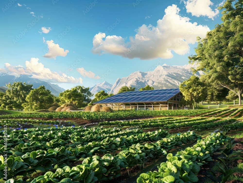 Farmland enhanced with agrivoltaics, where solar panels are ...