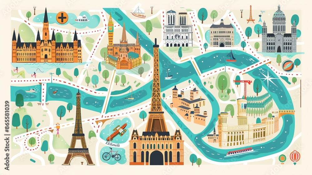 A map of Paris landmarks with cute cartoon drawings. The map includes ...