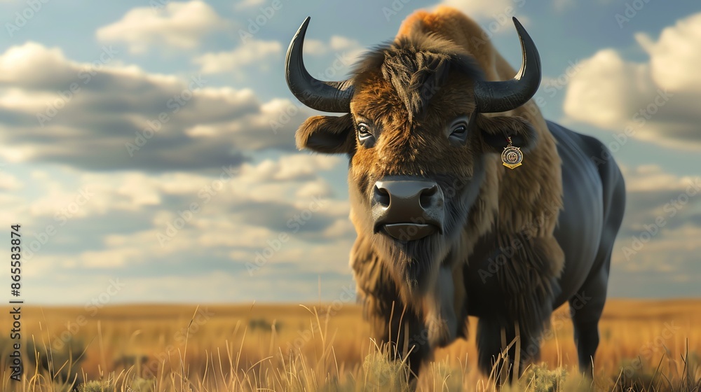 This image shows a large, majestic bison standing in a field of tall ...