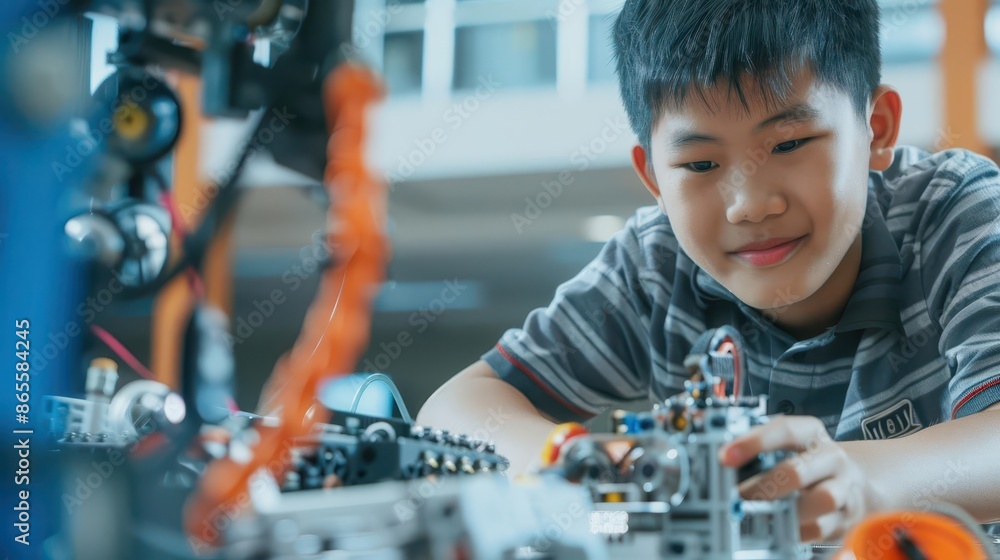 enthusiastic asian teenager working on advanced robotics project in ...