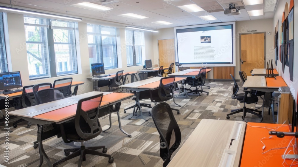 A modern classroom with multiple desks and computers, each equipped ...