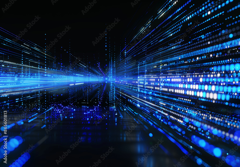 Abstract digital background with blue binary code and light streaks on black, representing data ...