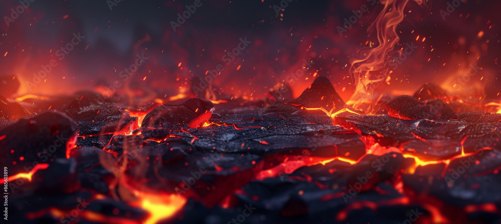 Lava and fire background, fantasy lava landscape with glowing rocks and ...