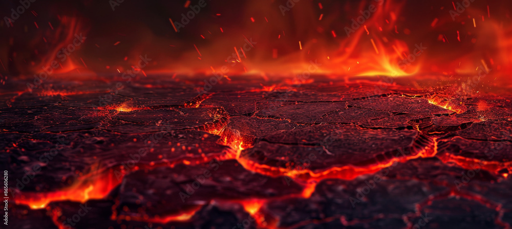 Red lava landscape with cracked ground, sparks and smoke. Background ...