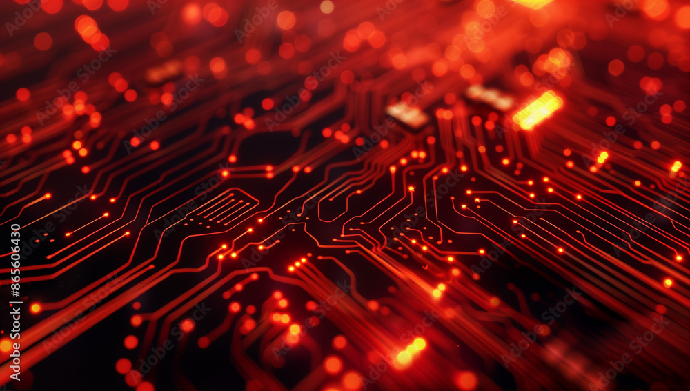 Red digital background with circuit board patterns and glowing lights ...