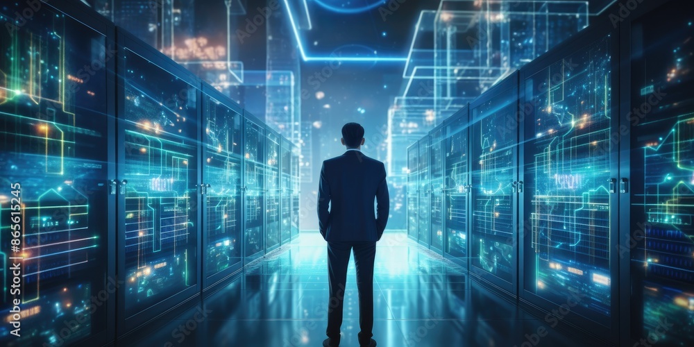 Engineer connecting data center on global networking in server room of ...