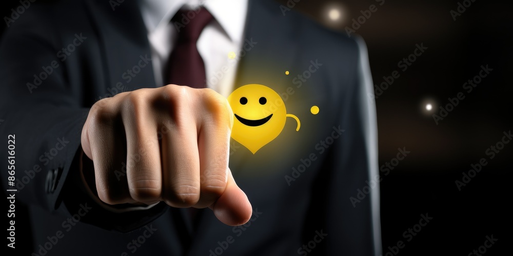 Finger of businessman touching and check mark icon face emoticon smile ...