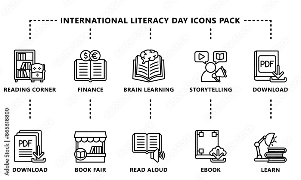 International Literacy Day black outline icons pack. contain book ...