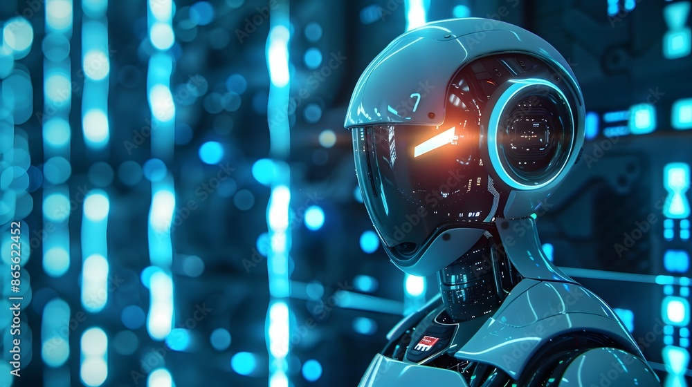 Futuristic android or humanoid robot in a server room representing ...