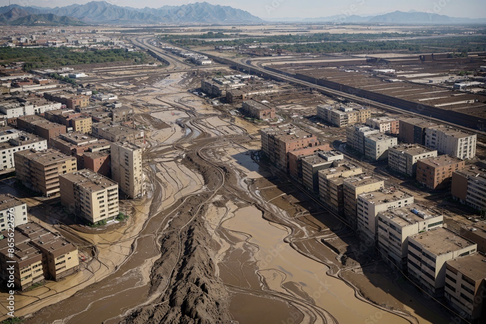 Sudden earthquake liquefaction, buildings sinking into ground turned to ...