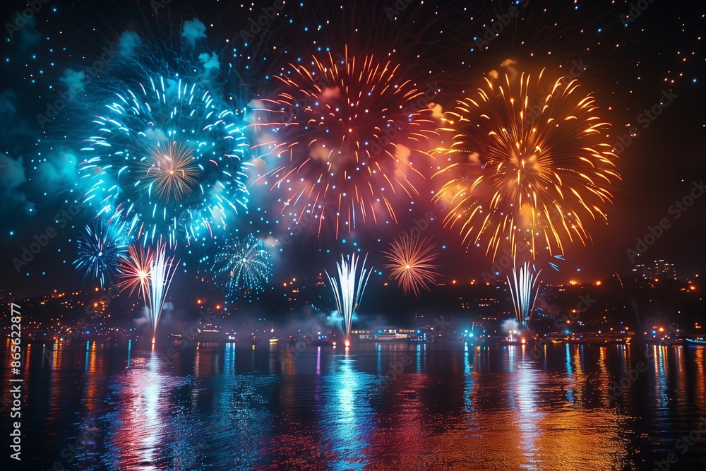 A fireworks display is lit up in the night sky, with the colors of red ...
