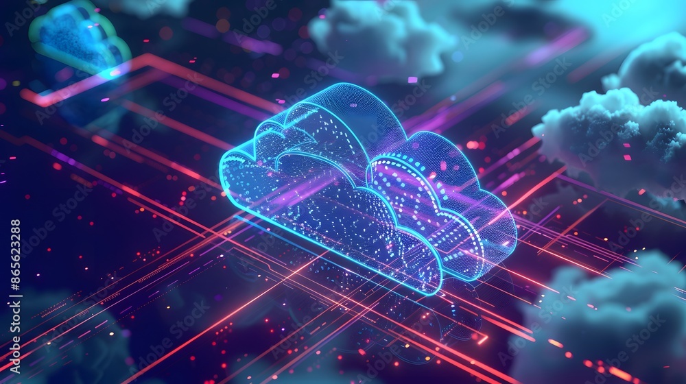 Glowing cloud computing icon with data transfer on a circuit board with ...