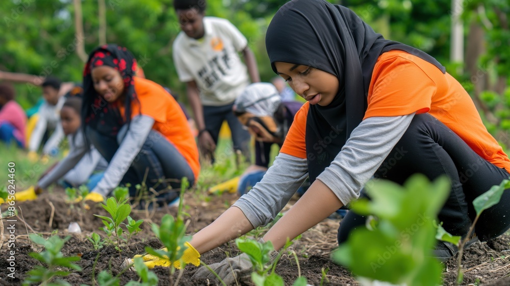 Group of young Muslims volunteers at a community clean-up event ...