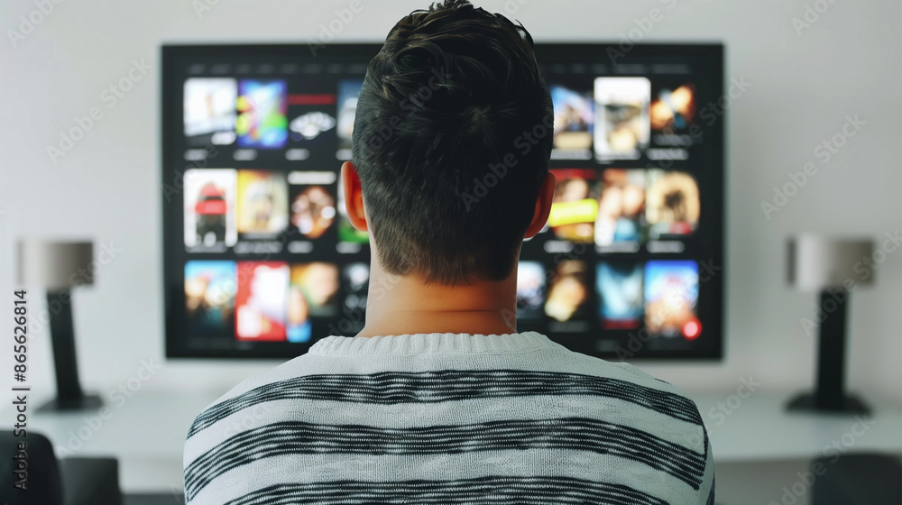 A person flipping through channels on a TV with a remote control, positioned on the left side ...