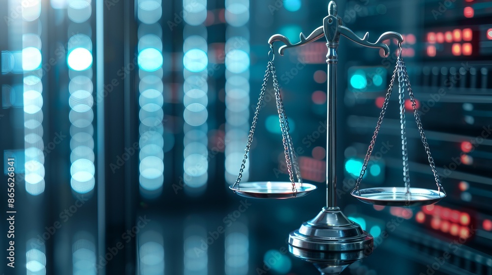 Digital justice concept illustrated by scales of justice in front of a ...