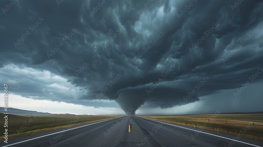 Dramatic storm clouds form over an empty highway, creating a sense of ...