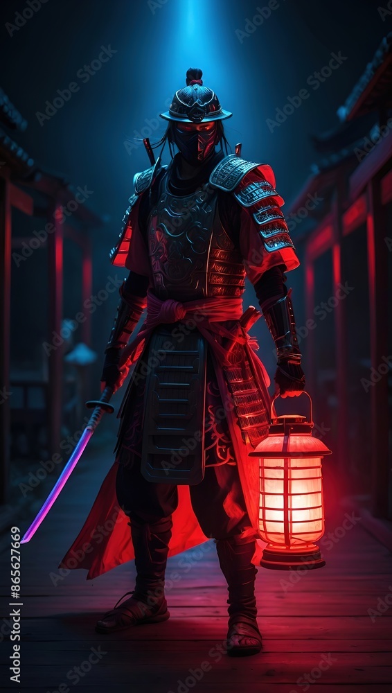 Enigmatic samurai bathed in red lantern light, standing poised and ...