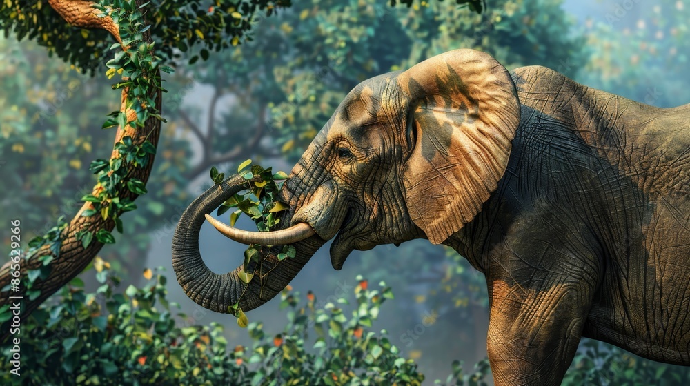 Elephant feeding realistic image of elephant using trunk to eat leaves ...