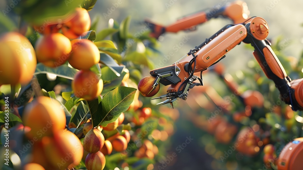 Robotic arms harvesting ripe oranges in a modern orchard, showcasing ...