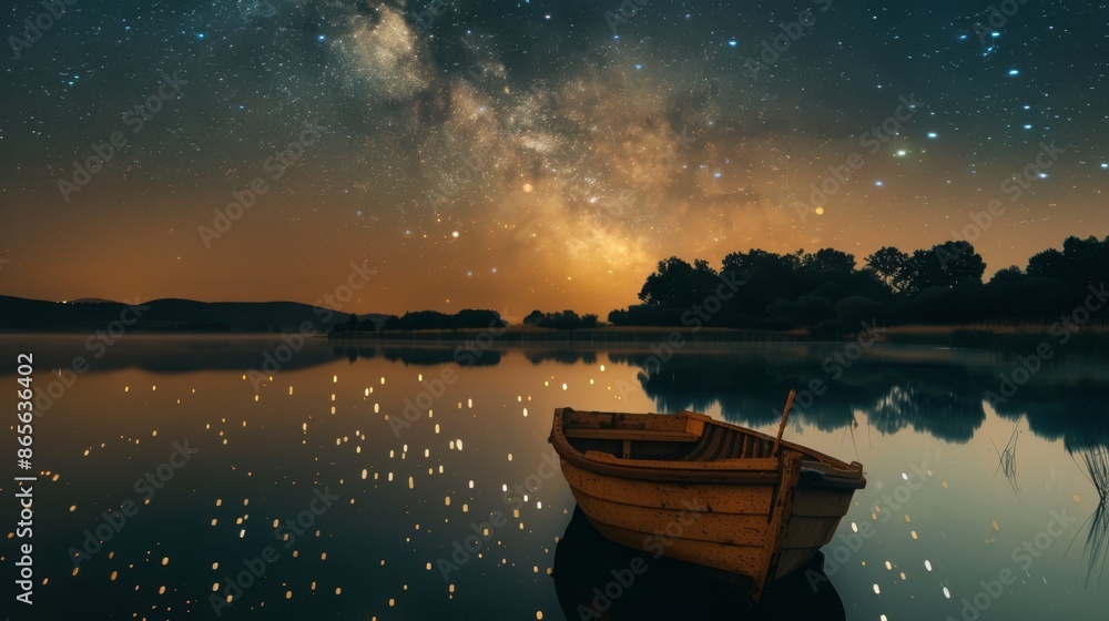 Starry night at the lake bright realistic photo of small wooden boat ...