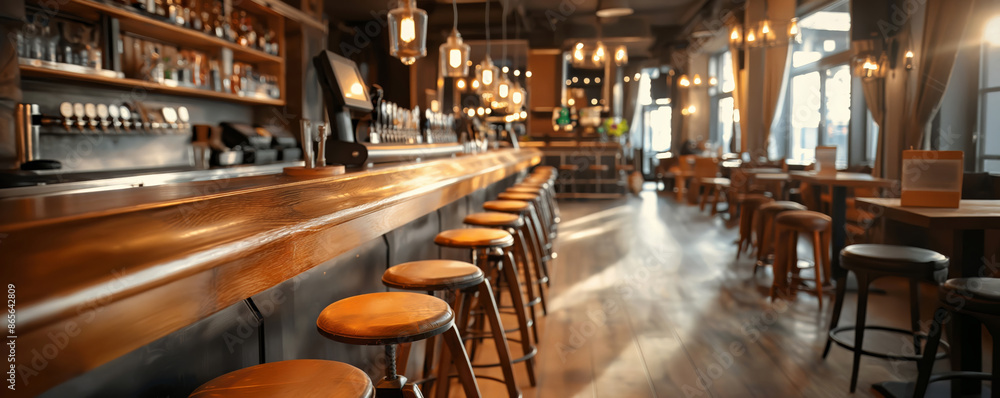 An empty bar scene showcasing sleek, polished wooden stools lined up ...