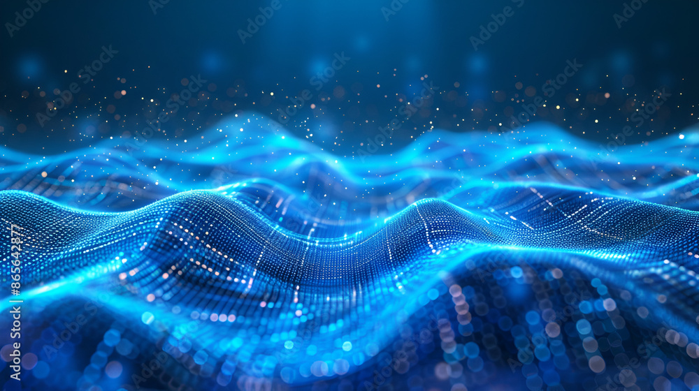 blue background with a dynamic waveform that spans across the image ...