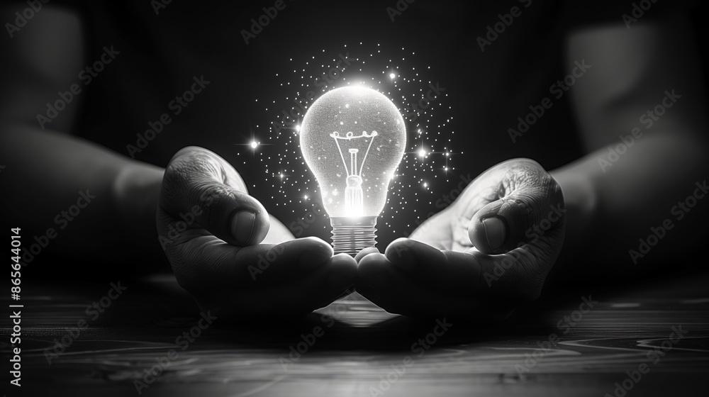 Two hands are grasping a luminous light bulb, representing creative ...