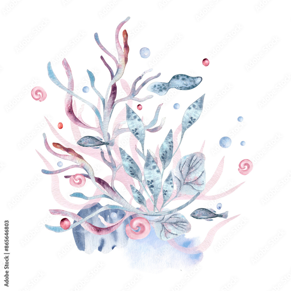 Delicate sea arrangement with blue seaweeds and little fishes ...