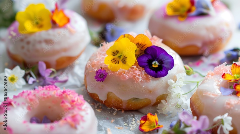 Spring mochi doughnuts with elderflower glaze and edible flowers Stock ...