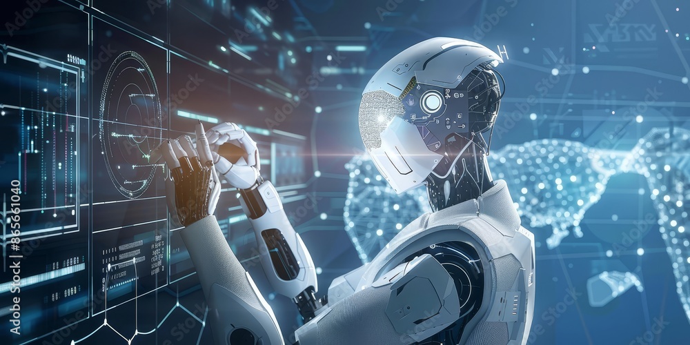 Futuristic AI robot interacting with digital screens, representing ...