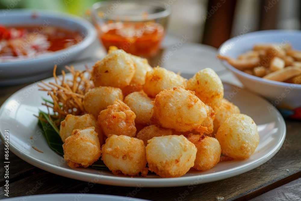 A white plate of Indonesian street food cireng made from tapioca flour ...