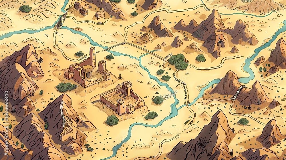 An illustration of a fantasy world map with a desert region. The map ...