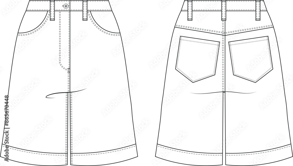 knee length a-line denim jean short template technical drawing flat ...