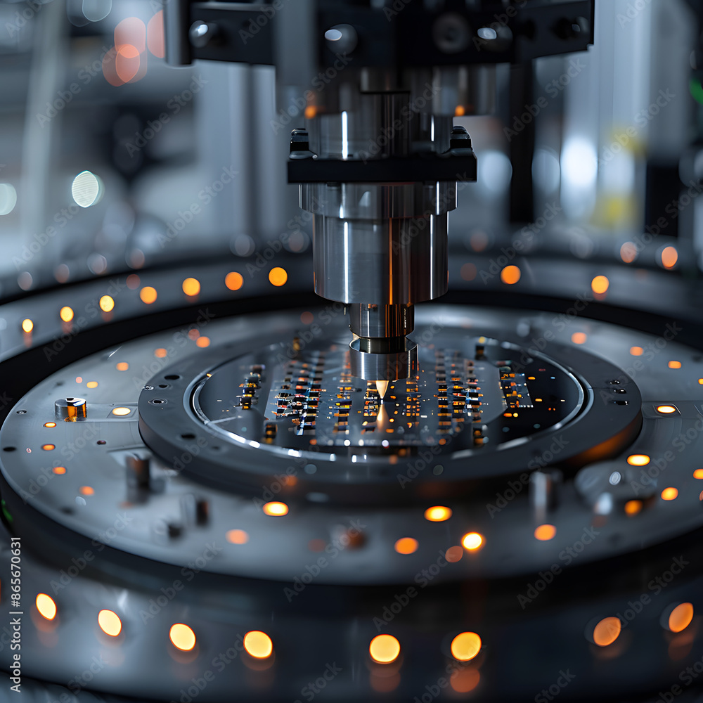 a machine extracts silicon dies from a wafer for computer chip ...