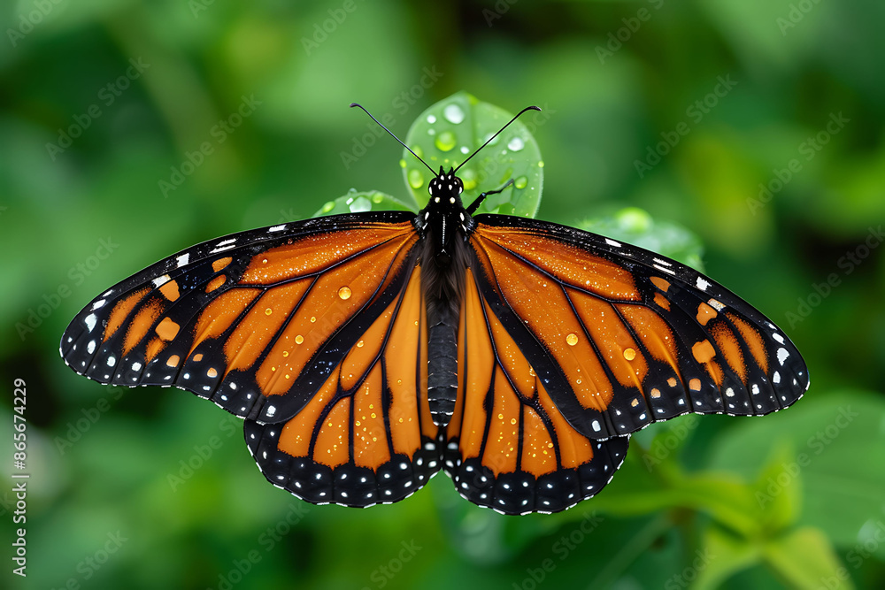 Closeup view of monarch butterfly resting milkweed plant lush garden ...