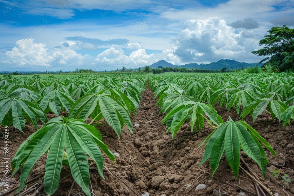 Cassava plantation in Thailand with rows of cassava trees Young shoots ...