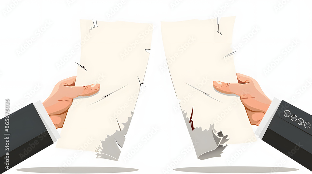 bussines men hands tearing apart a contract sheet of paper. flat style ...