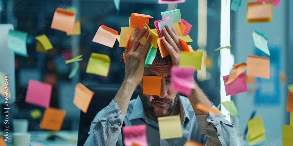 Stressed professional overwhelmed by sticky notes symbolizing mental ...