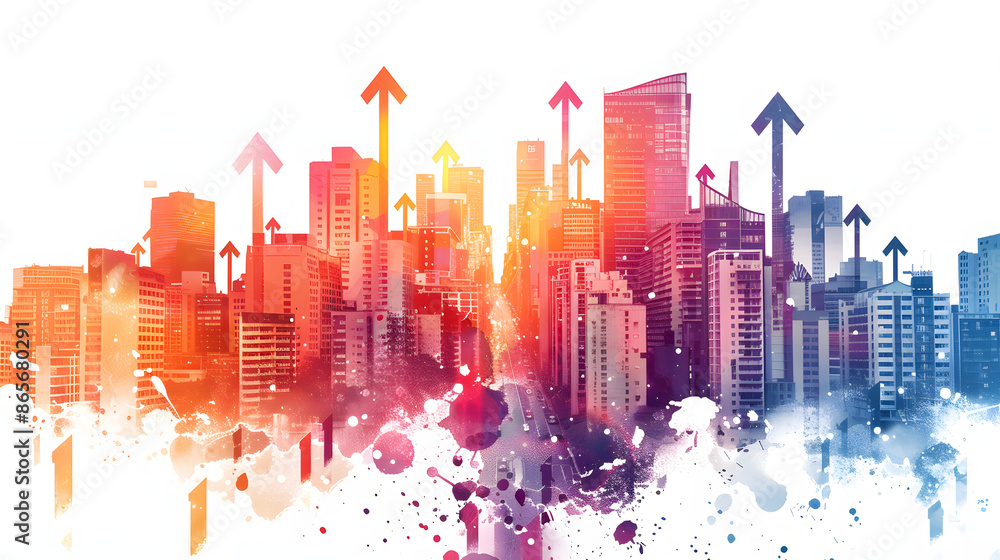 double exposure unveils abstract city interwoven with upward arrows in ...