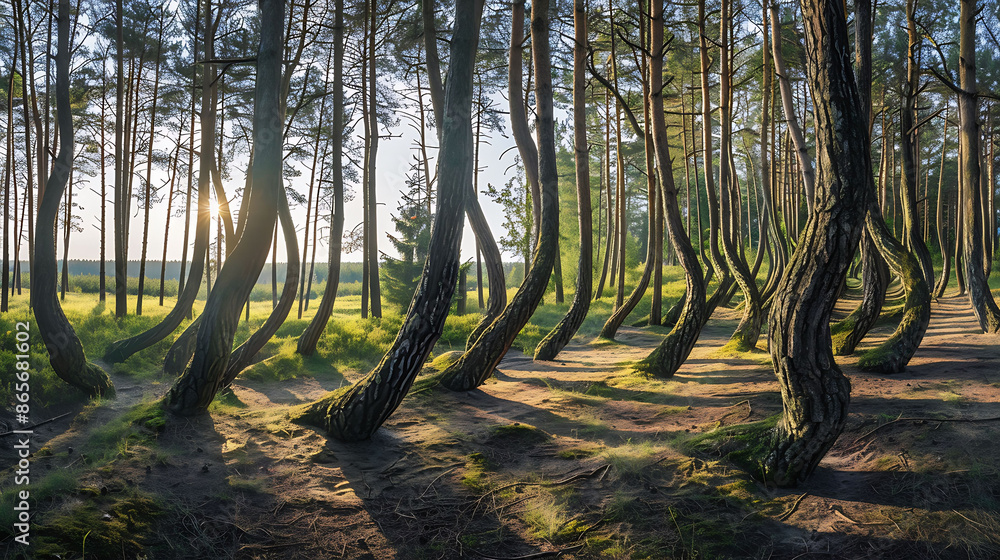 Picturesque landscape of the Crooked Forest in Poland with its uniquely ...